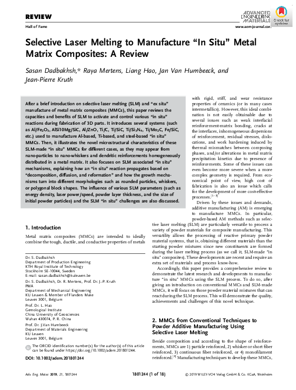 Pdf Selective Laser Melting To Manufacture “in Situ” Metal Matrix Composites A Review