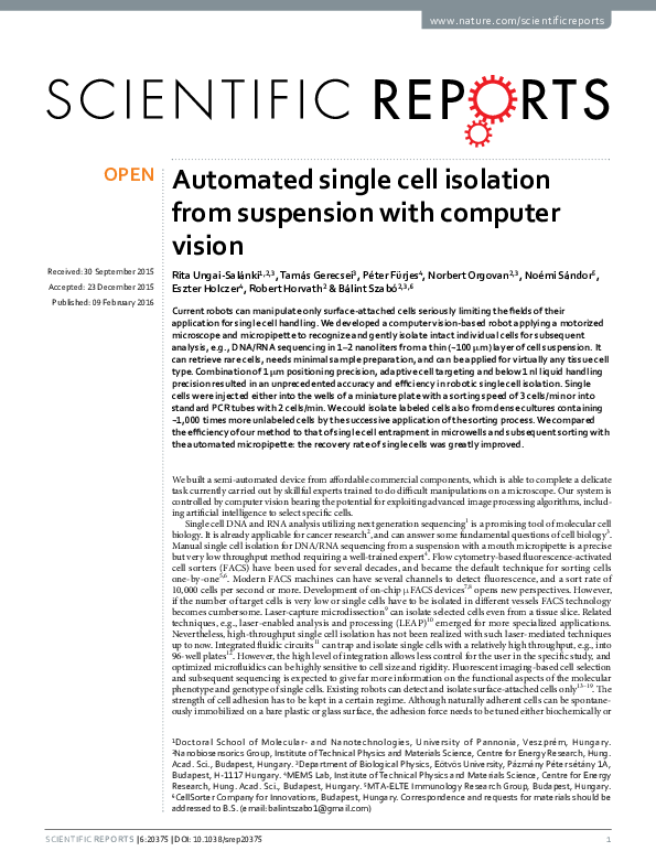 (PDF) Automated single cell isolation from suspension with computer vision