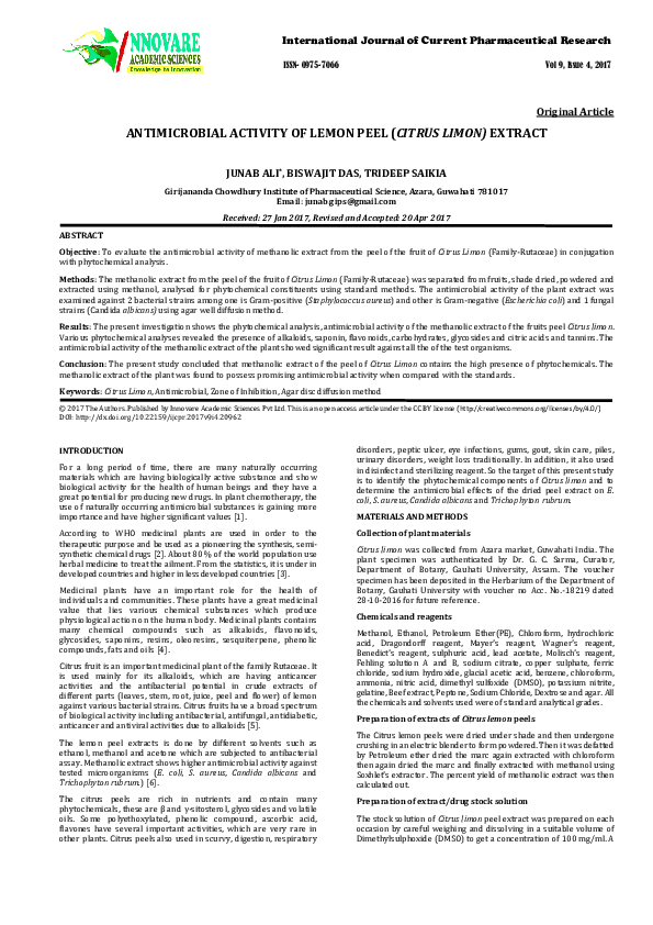 (PDF) Antimicrobial Activity of Lemon Peel (Citrus Limon) Extract