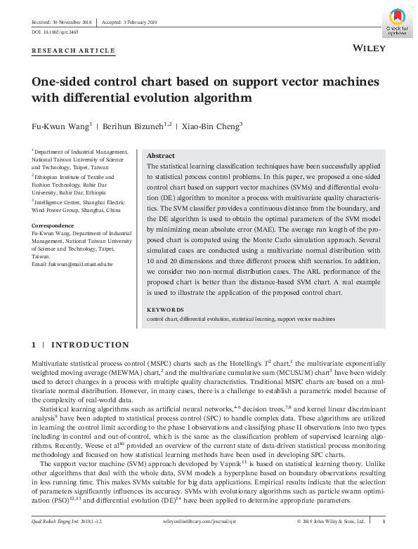 (PDF) One‐sided control chart based on support vector machines with differential evolution algorithm