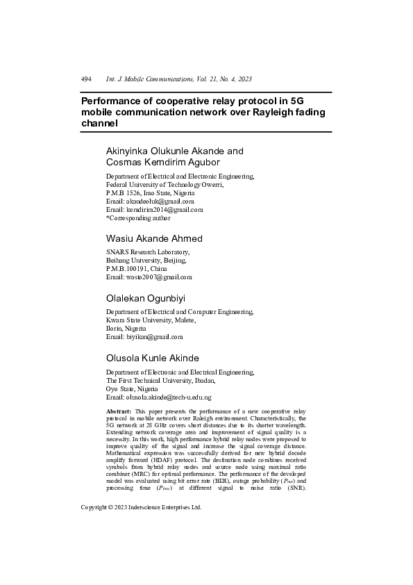 (PDF) Performance of cooperative relay protocol in 5G mobile communication network over Rayleigh ...