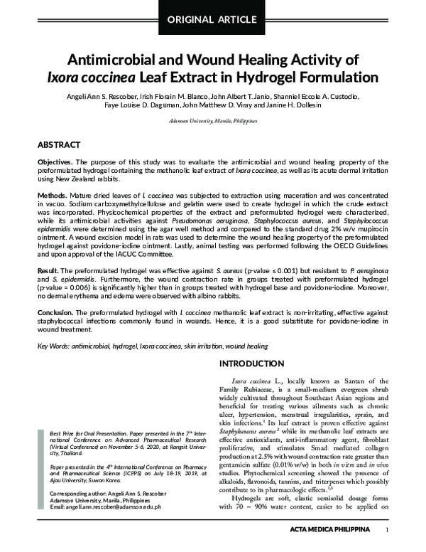 (PDF) Antimicrobial and Wound Healing Activity of Ixora coccinea Leaf Extract in Hydrogel ...