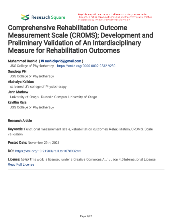(PDF) Comprehensive Rehabilitation Outcome Measurement Scale (CROMS); Development and ...