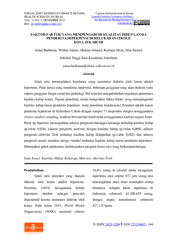 (PDF) Faktor-Faktor Yang Mempengaruhi Kualitas Hidup Lansia Penderita Hipertensi DI Kelurahan ...