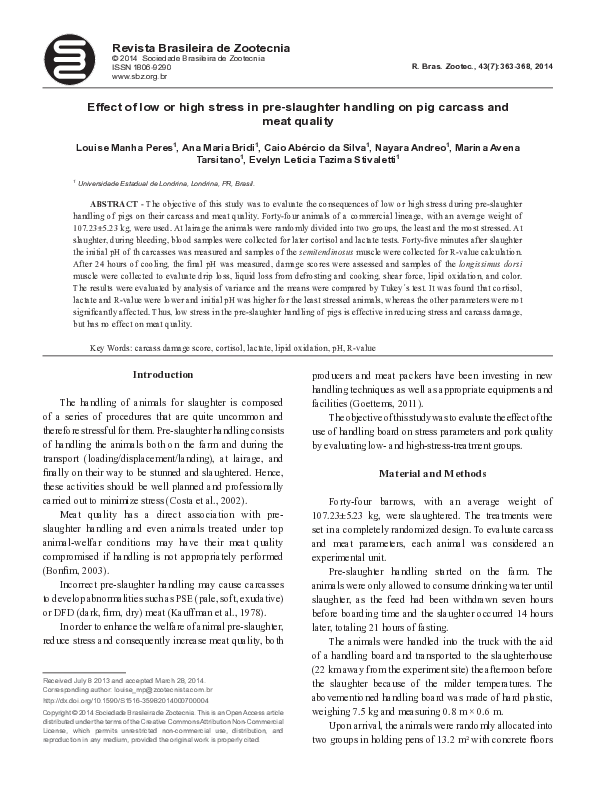 (PDF) Effect of low or high stress in pre-slaughter handling on pig ...