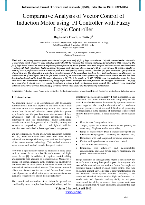 Pdf Comparative Analysis Of Vector Control Of Induction Motor Using Pi Controller With Fuzzy