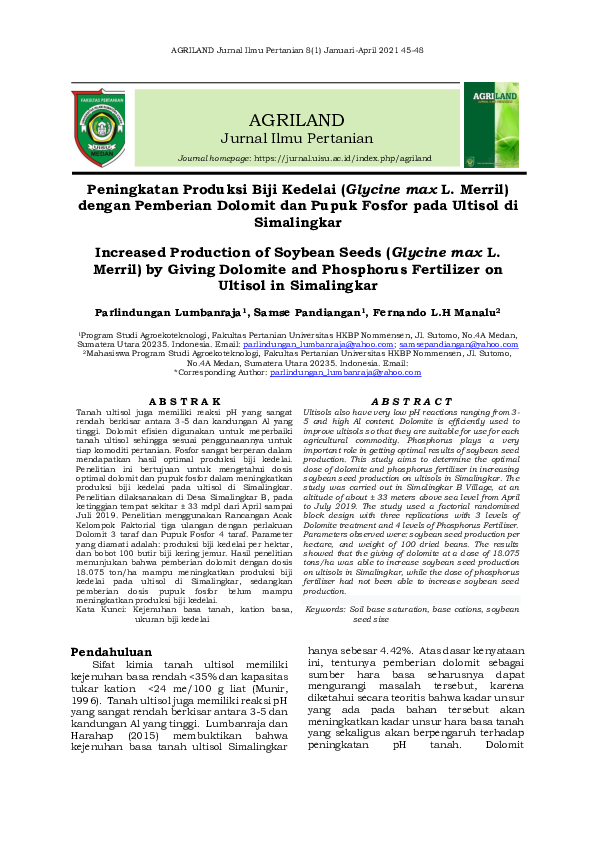 (PDF) Peningkatan Produksi Biji Kedelai (Glycine max L. Merril) dengan Pemberian Dolomit dan ...