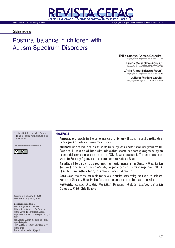 (PDF) Postural balance in children with Autism Spectrum Disorders