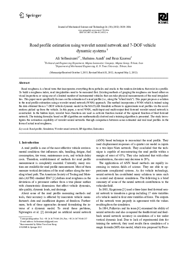 (PDF) Road profile estimation using wavelet neural network and 7-DOF vehicle dynamic systems