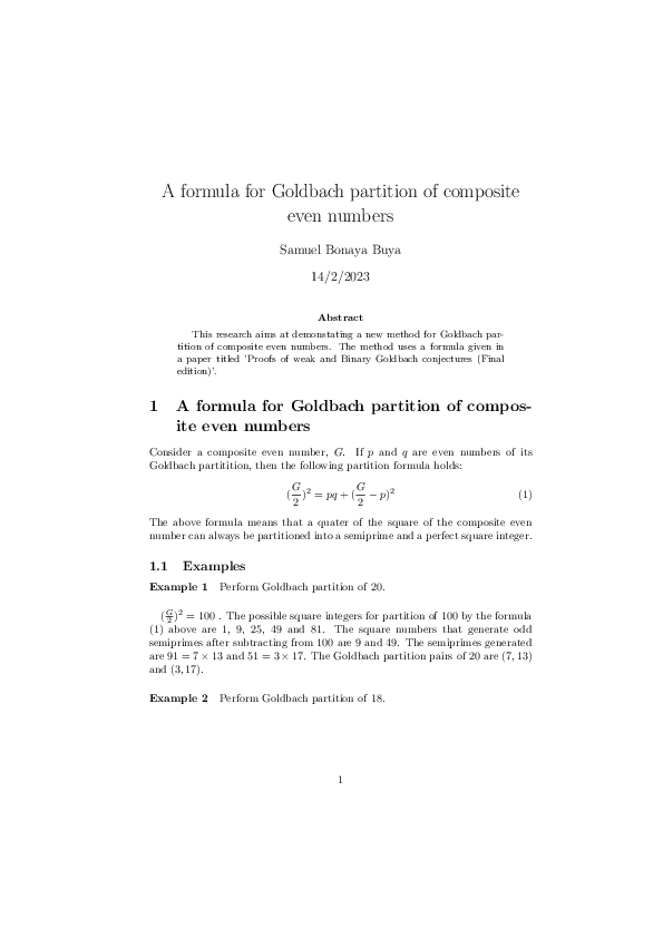 (PDF) A formula for Goldbach partition of composite even numbers