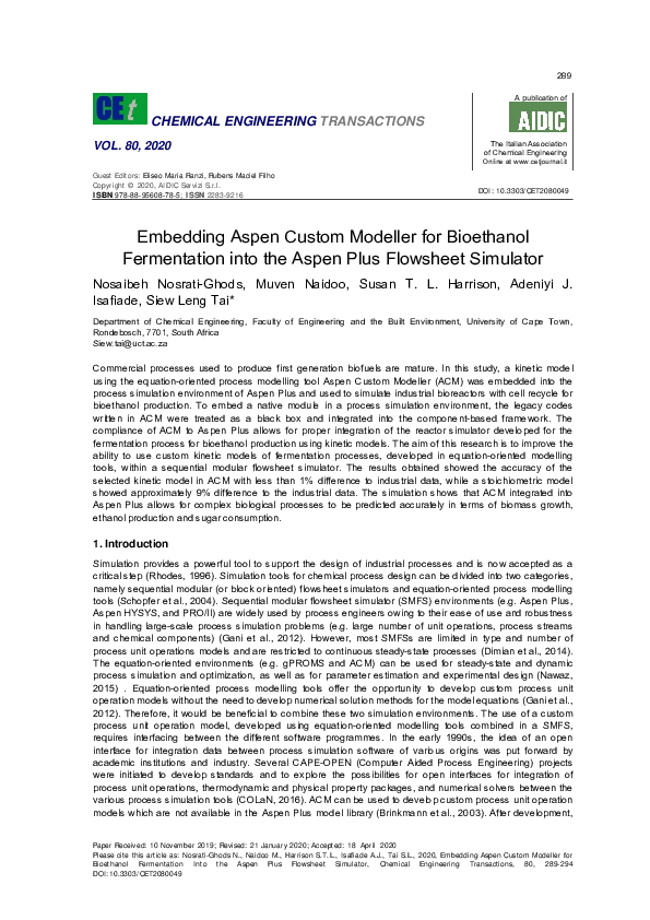 (PDF) Embedding Aspen Custom Modeller for Bioethanol Fermentation Into the Aspen Plus Flowsheet ...