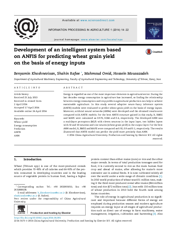 (PDF) Development of an intelligent system based on ANFIS for predicting wheat grain yield on ...
