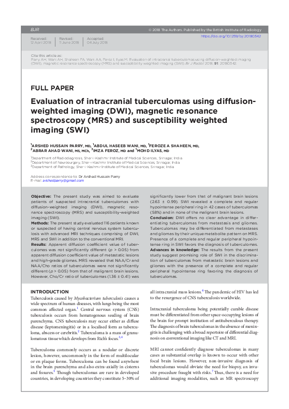 (PDF) Evaluation of intracranial tuberculomas using diffusion-weighted ...