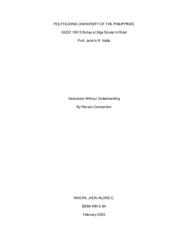 (PDF) Reflection Paper on "Veneration Without Understanding" by Renato ...