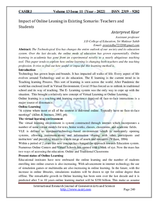 (PDF) Impact of Online Leaning in Existing Scenario: Teachers and Students