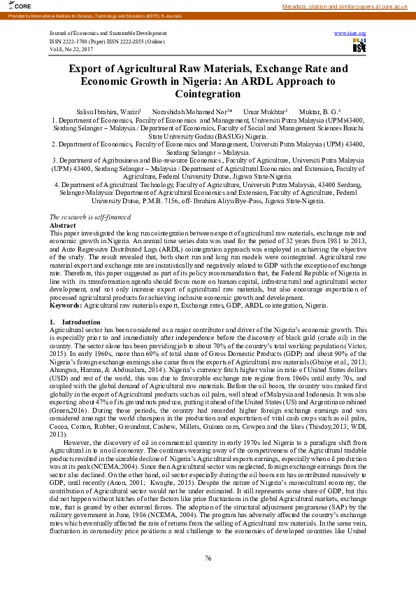 (PDF) Export of Agricultural Raw Materials, Exchange Rate and Economic ...