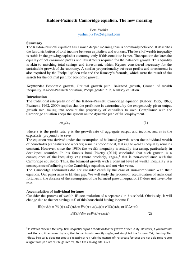 (PDF) Kaldor-Pazinetti Cambridge equation. The new meaning