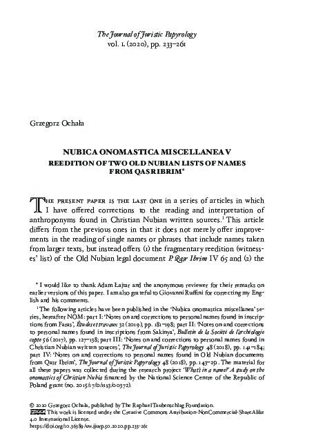 (PDF) Nubica onomastica miscellanea V: Reedition of two Old Nubian ...