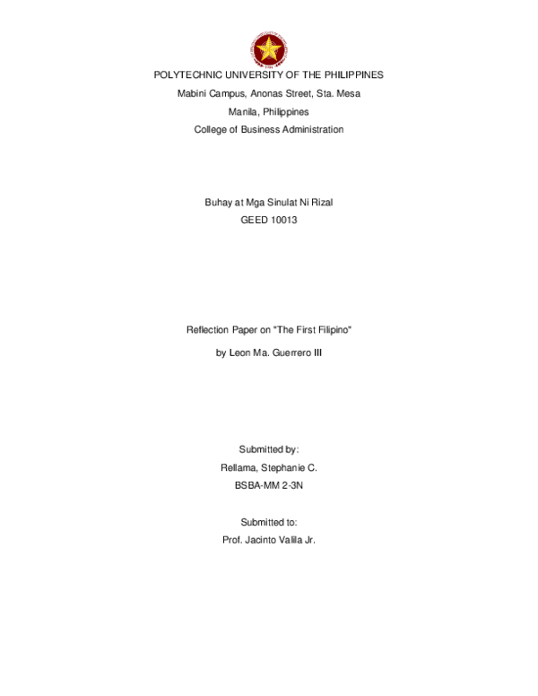 (PDF) Reflection Paper on "The First Filipino" by Leon Ma. Guerrero III ...