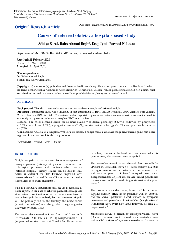 (PDF) Causes of referred otalgia: a hospital-based study