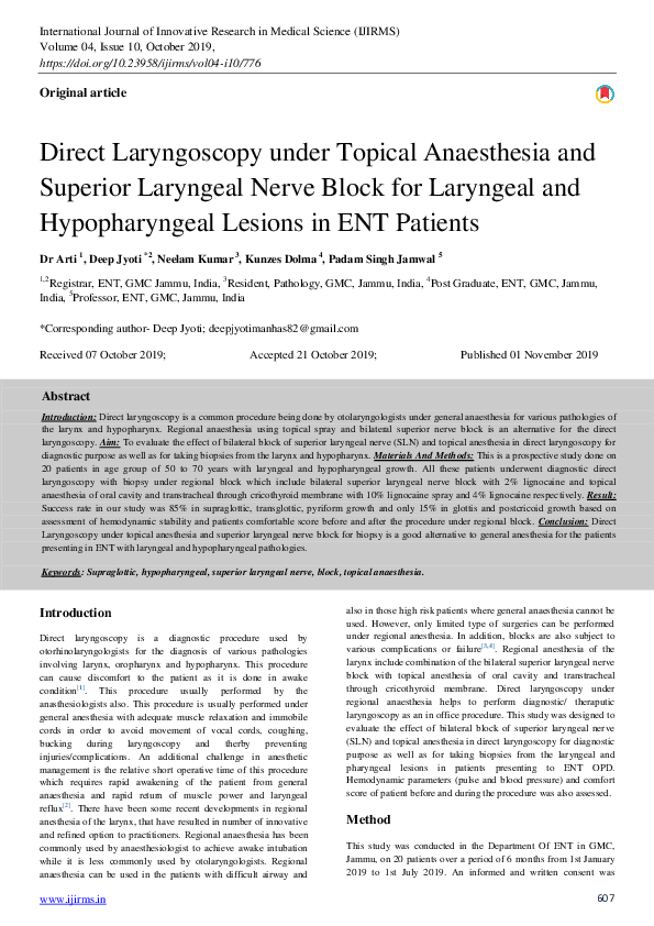 Direct Laryngoscopy under Topical Anaesthesia and Superior Laryngeal ...