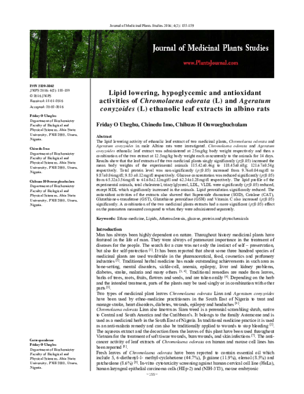 (PDF) Lipid lowering, hypoglycemic and antioxidant activities of Chromolaena odorata (L) and ...