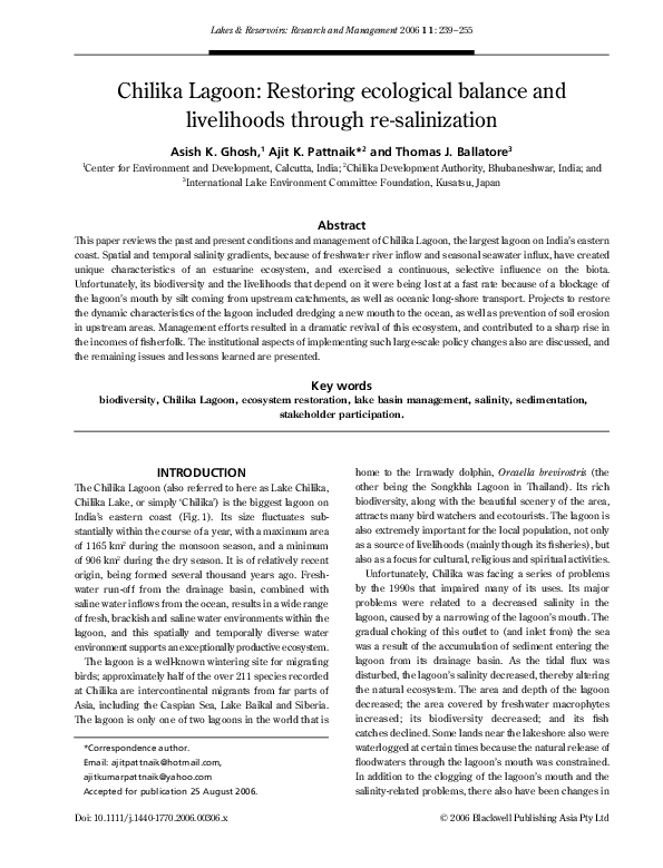 (PDF) Chilika Lagoon: Restoring ecological balance and livelihoods ...