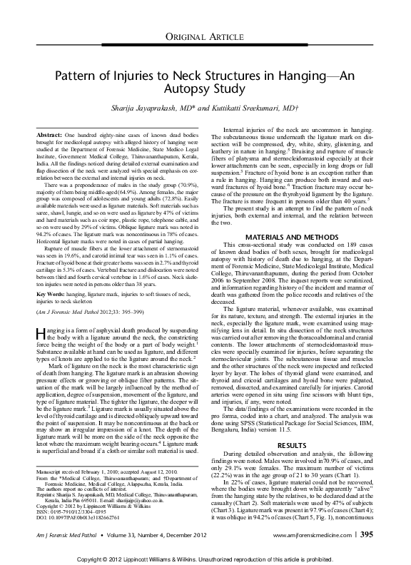 (PDF) Pattern of Injuries to Neck Structures in Hanging—An Autopsy Study