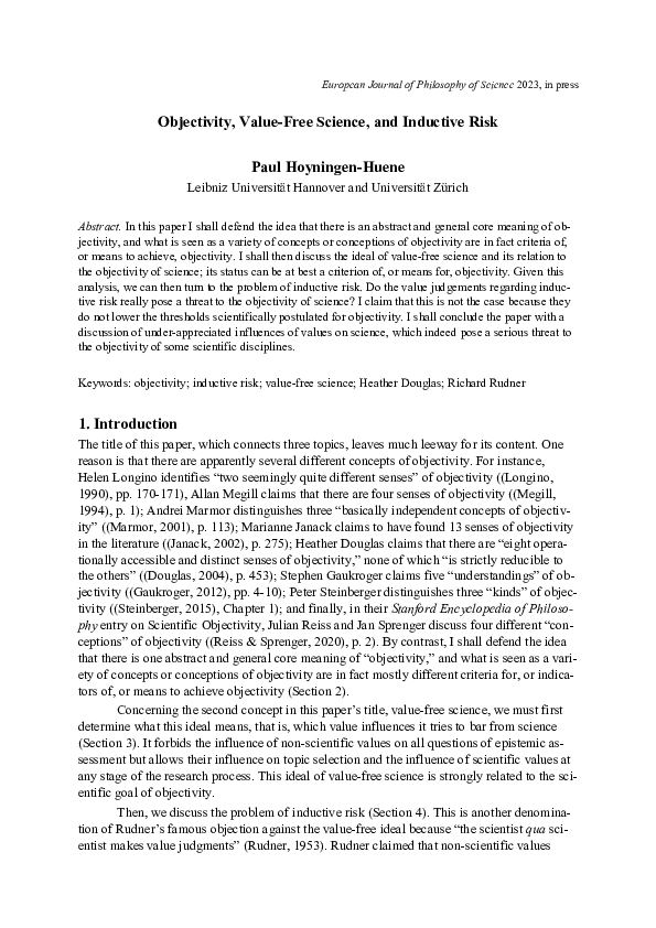 (PDF) Objectivity, Value-Free Science, and Inductive Risk