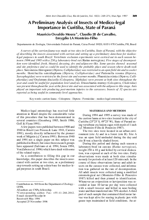 (PDF) A Preliminary Analysis of Insects of Medico-legal Importance in ...