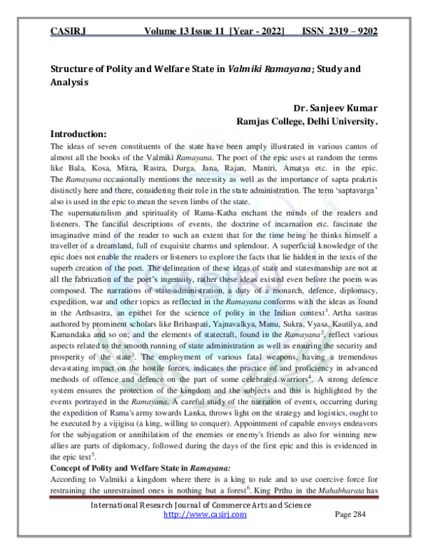 (PDF) Structure of Polity and Welfare State in Valmiki Ramayana; Study ...