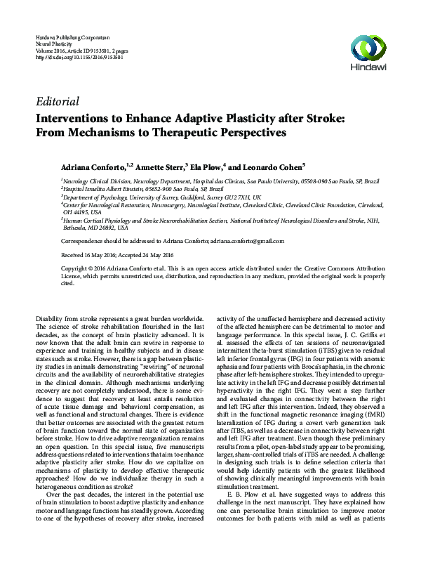 (PDF) Interventions to Enhance Adaptive Plasticity after Stroke: From ...
