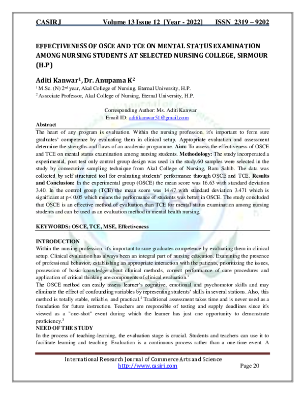 (PDF) EFFECTIVENESS OF OSCE AND TCE ON MENTAL STATUS EXAMINATION AMONG ...