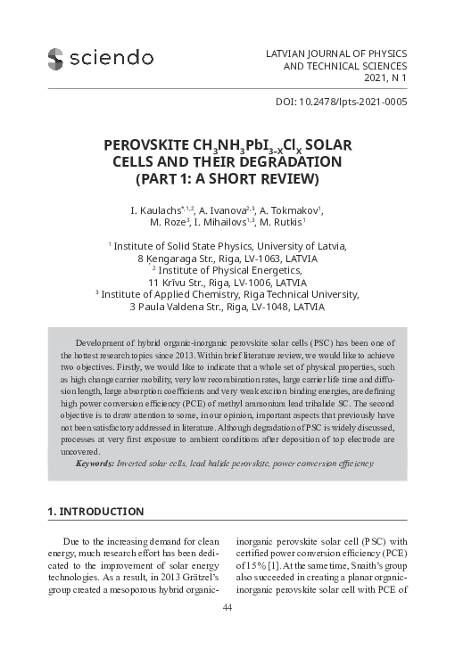 (PDF) Perovskite CH3NH3PbI3–XClx Solar Cells and their Degradation (Part 1: A Short Review)