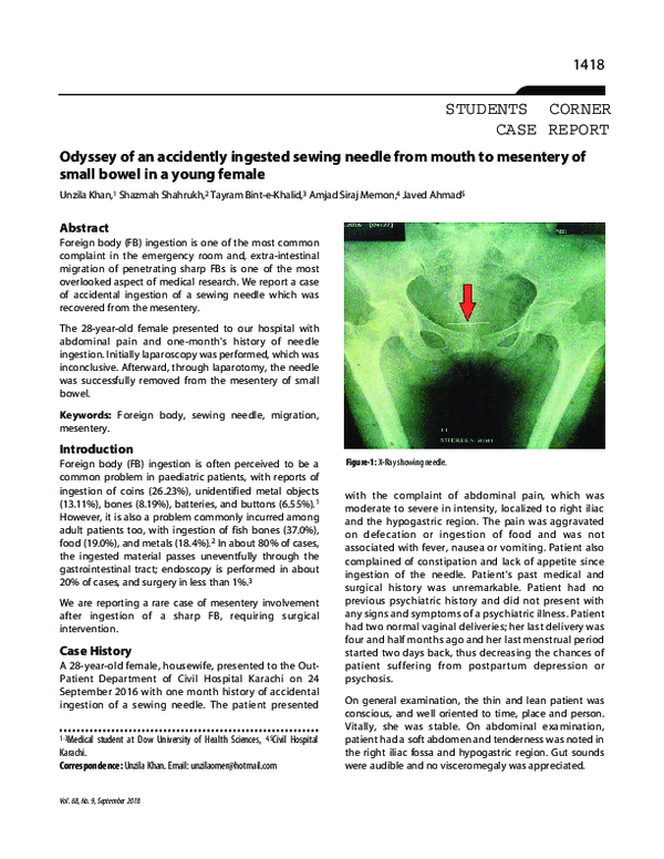 (PDF) Odyssey of an accidently ingested sewing needle from mouth to ...