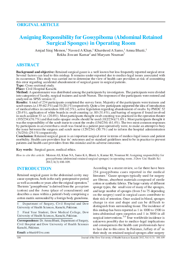 (PDF) Assigning Responsibility for Gossypiboma (Abdominal Retained ...