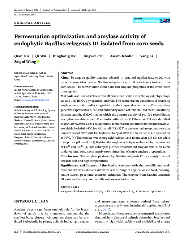 (PDF) Fermentation optimization and amylase activity of endophytic Bacillus velezensis D1 ...