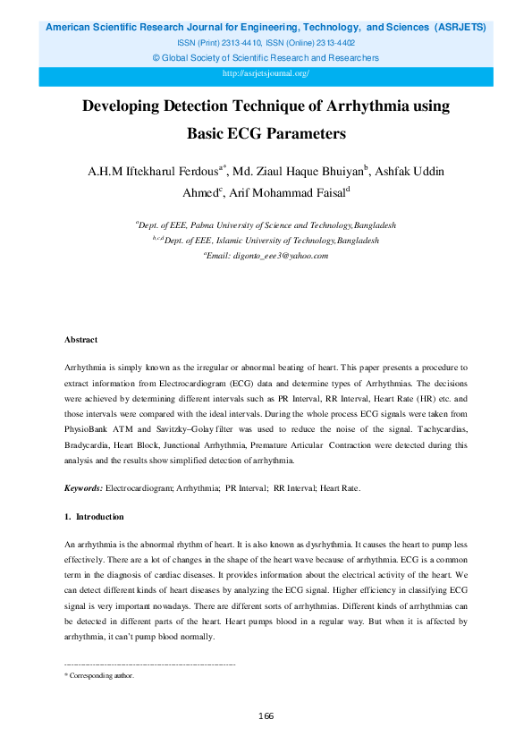 Pdf Developing Detection Technique Of Arrhythmia Using Basic Ecg