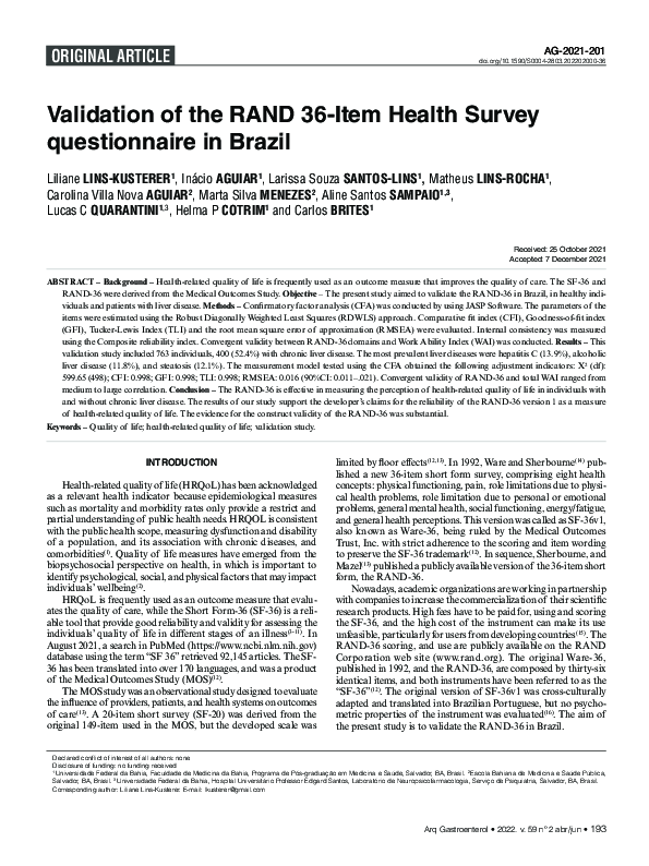 (PDF) Validation of the RAND 36-Item Health Survey questionnaire in Brazil