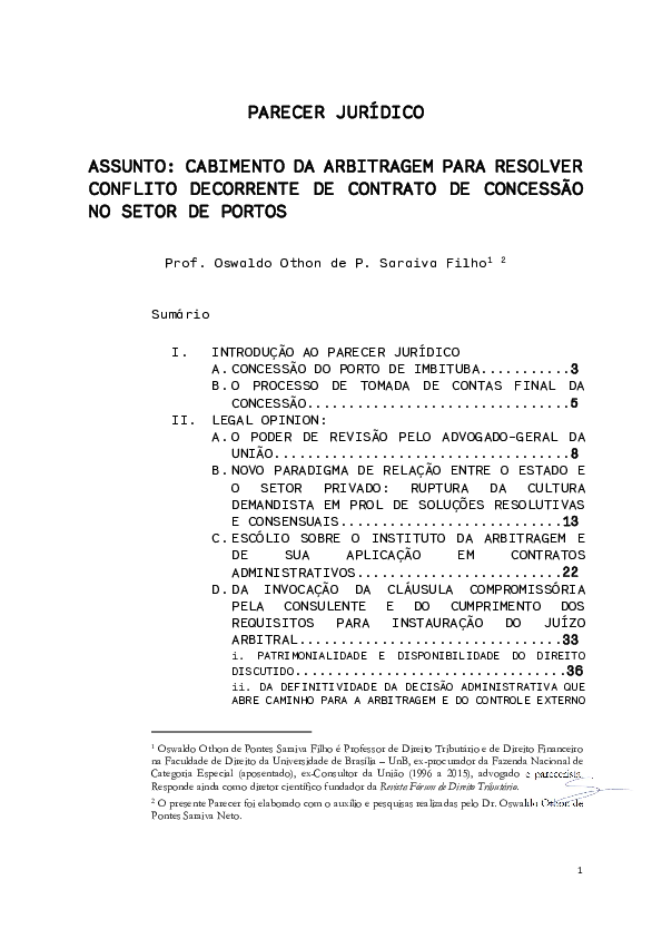 (PDF) PARECER JURÍDICO: CABIMENTO DA ARBITRAGEM PARA RESOLVER CONFLITO ...