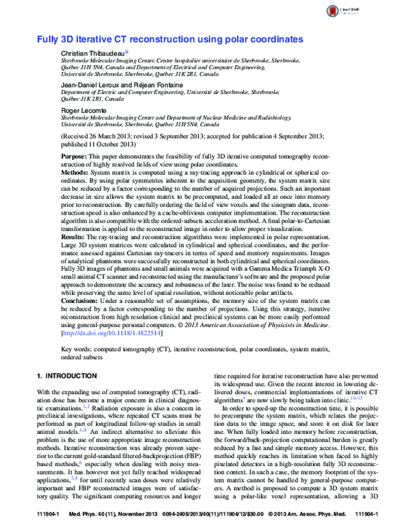 Pdf Fully 3d Iterative Ct Reconstruction Using Polar Coordinates Rejean Fontaine