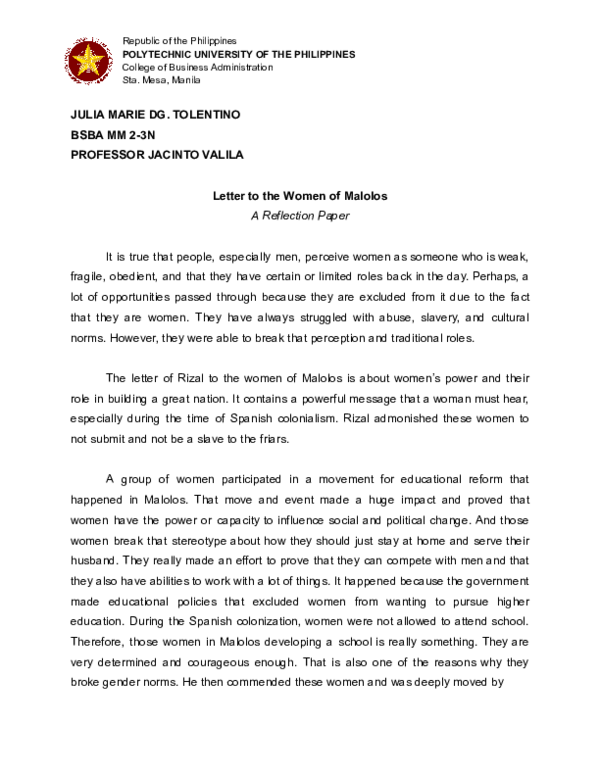 (PDF) Reflection Paper on "Letter to the Women of Malolos " by Jose ...