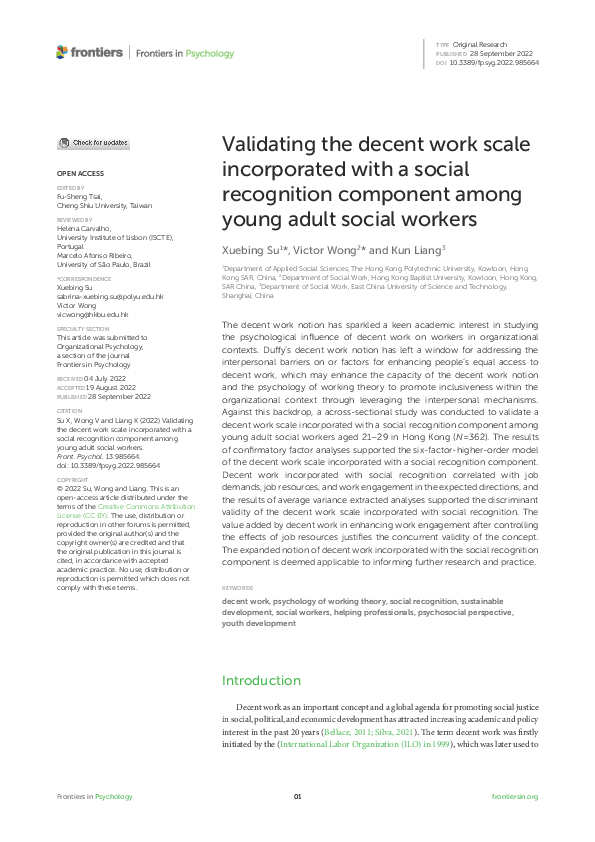 (PDF) Validating the decent work scale incorporated with a social ...