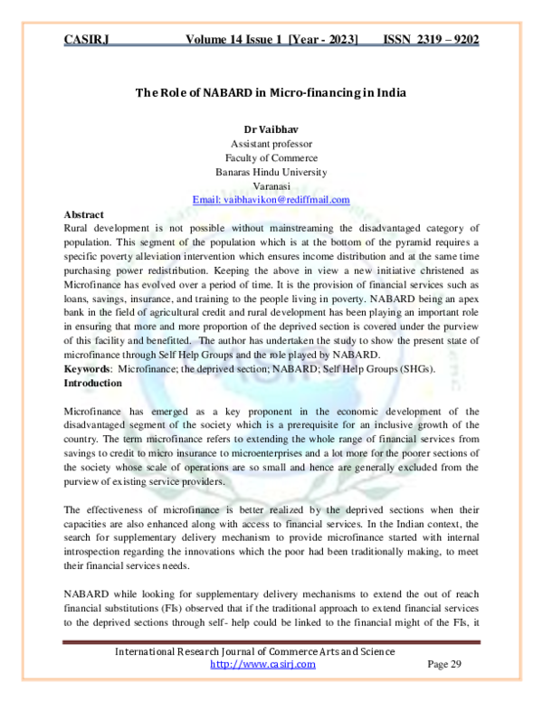 (PDF) The Role of NABARD in Micro-financing in India