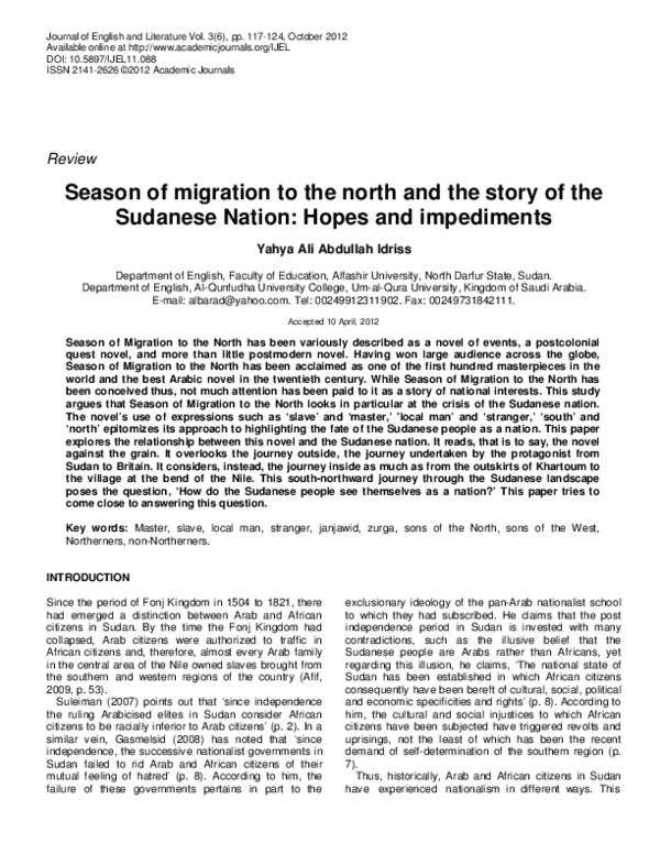 (PDF) Season of Migration to the North and the story of the Sudanese ...