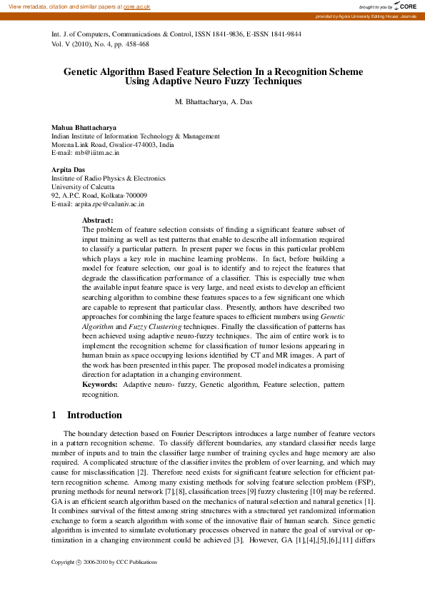 Pdf Genetic Algorithm Based Feature Selection In A Recognition Scheme Using Adaptive Neuro