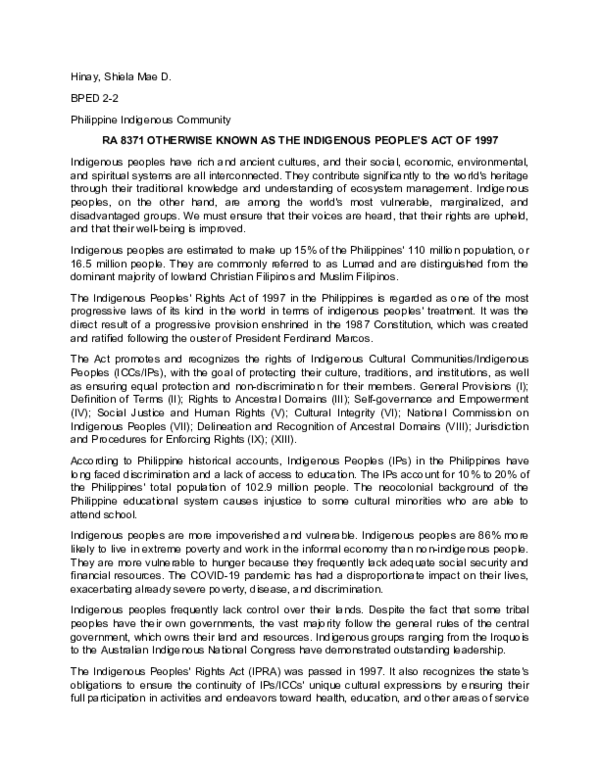 (DOC) D. RA 8371 OTHERWISE KNOWN AS THE INDIGENOUS PEOPLE'S ACT OF 1997