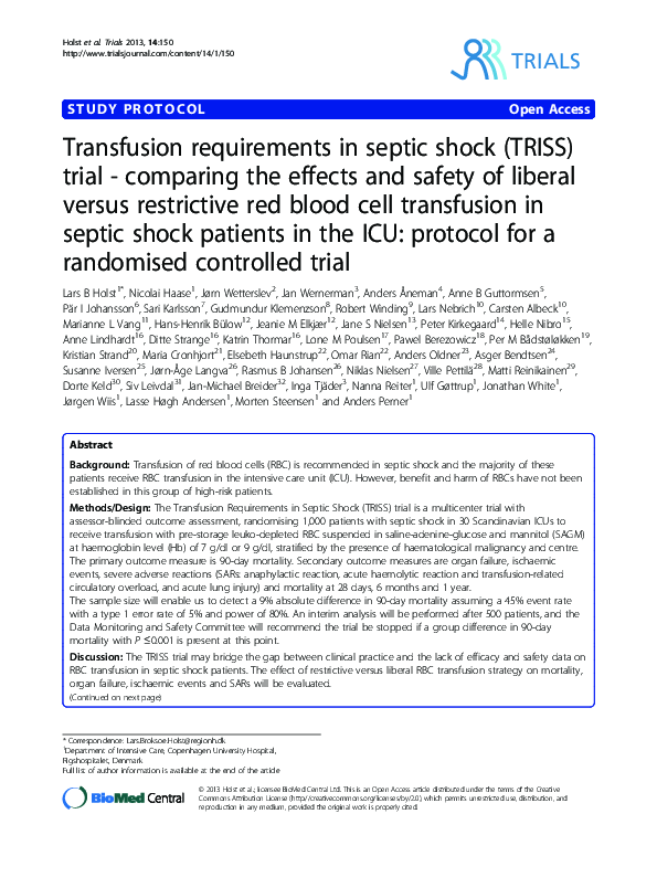 (PDF) Transfusion requirements in septic shock (TRISS) trial ...