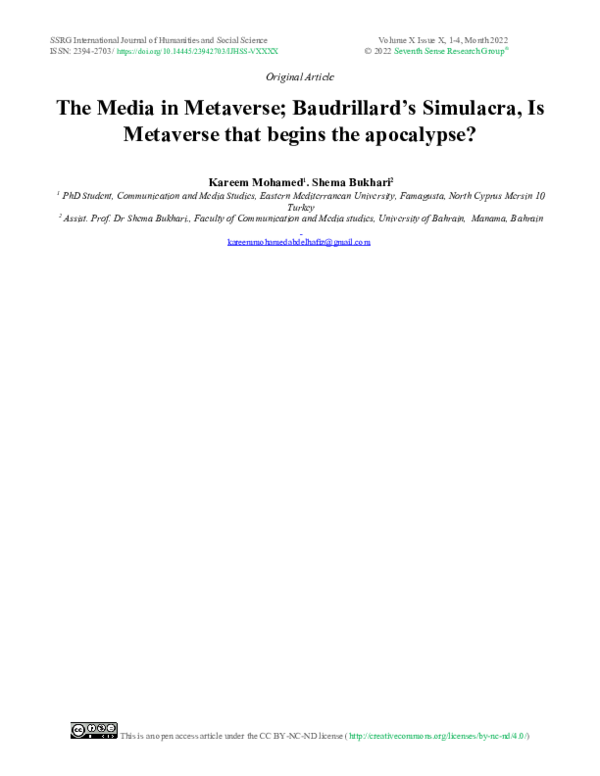 (DOC) The Media in Metaverse; Baudrillard's Simulacra, Is Metaverse ...
