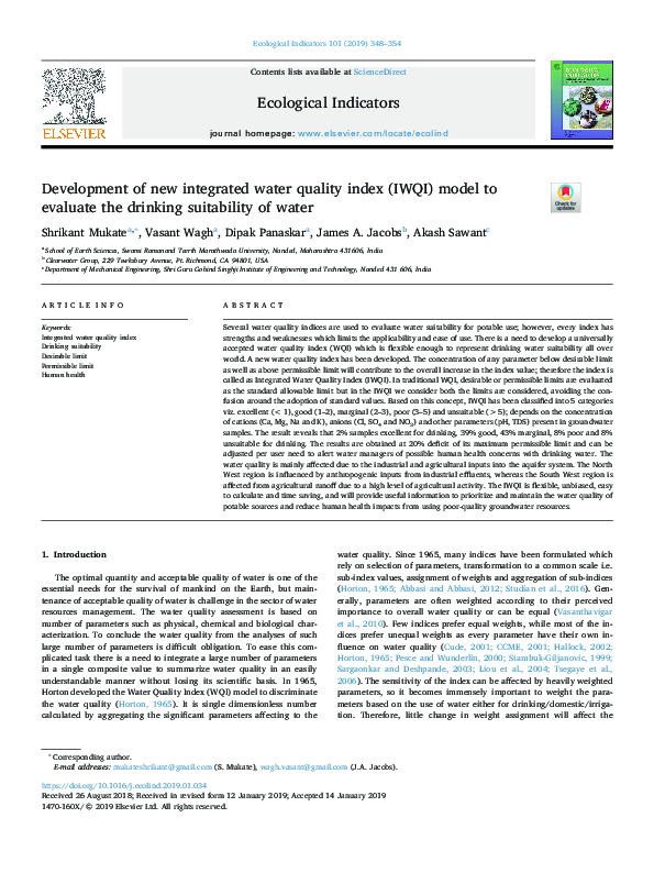 (PDF) Development of new integrated water quality index (IWQI) model to evaluate the drinking ...